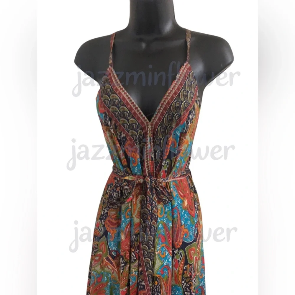 boutique | Dresses | Vneck Rust Turquoise Paisley Look Belted Halter ...